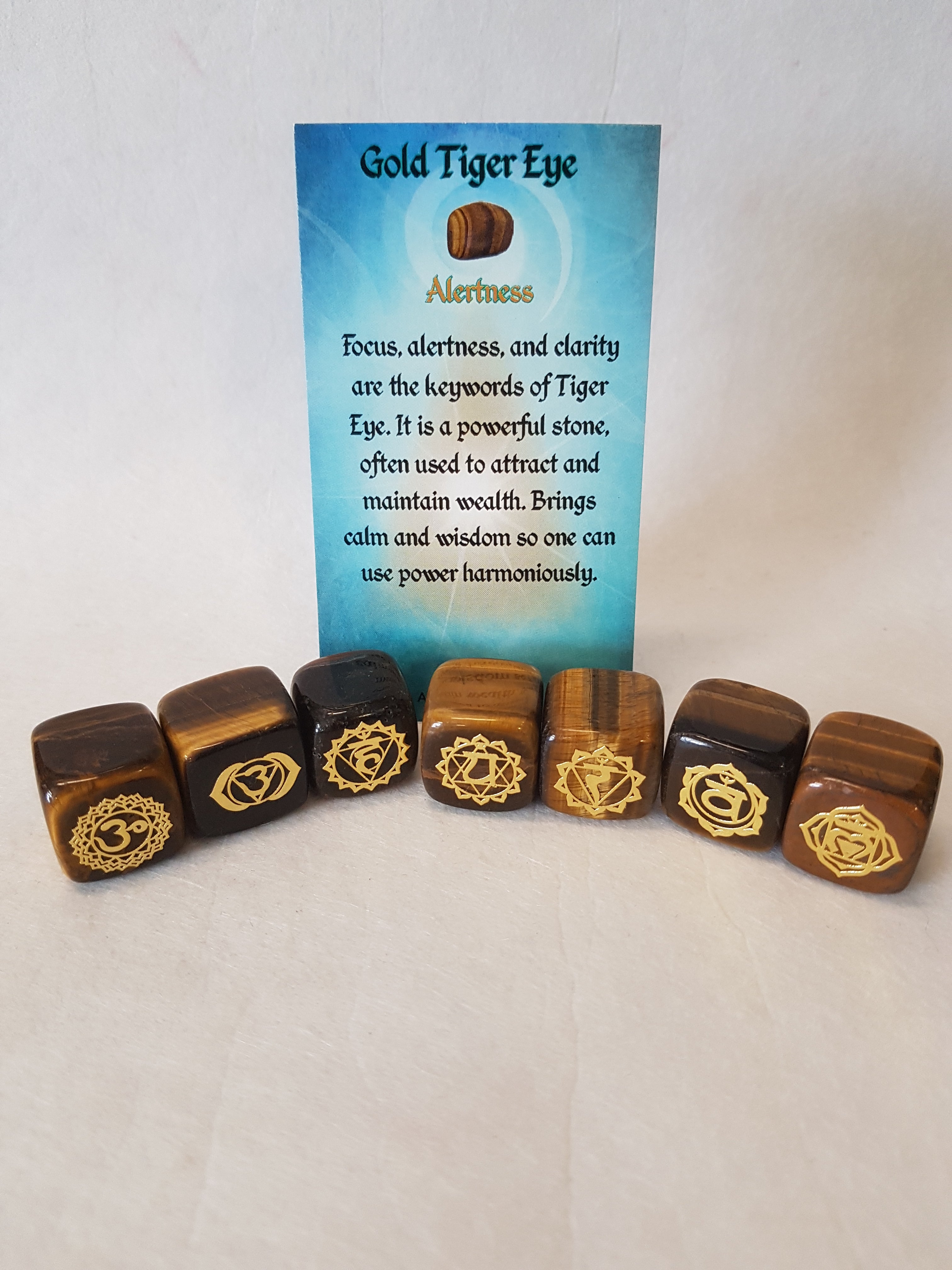 Gold Tigers Eye Cubes With Chakra Symbol – Lady Di's Healing Elements